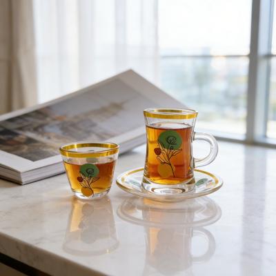 China Unique Handle Glass Cup Sets Vintage Style Coffee Tea Cup Saucer Sets for Middle Eastern Inspired Beverage Service for sale