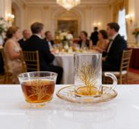 China 6 Tea Cups, 6 Cawa Cups & 6 Saucers  Gold Tree Decorated Glass Set Ideal for Tea & Coffee for sale