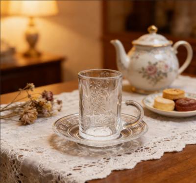 China 12Pcs Clear Glass Cups And Saucers 90ml For Afternoon Tea Service for sale