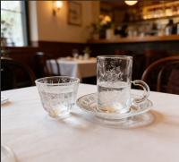 China Complete 18Pcs Glass Cup And Saucer Set Leadfree Classic Style Coffee Glass Cups for sale