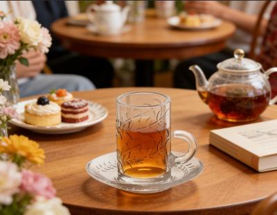China 6 Cups & 6 Saucers Clear Patterned Glass Set Ideal for Afternoon Tea Service & Special Occasion Gifting for sale