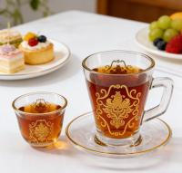 China Glass Cup Sets Including 12 Tea Glasses 12 Saucers and 12 Coffee Cups with Gold Rim Design Crafted from Lead Free Glass for sale