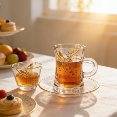 China Transparent Glass Cup Sets with Beautiful Decal Heat Resistant Coffee Cups and Saucers Middle Eastern Style for Household and Gift Purposes for sale