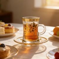 China Glass Cup Sets 12 Piece Lead Free Crystal Cups and Saucers with Delicate Golden Butterfly Motif for Fine Tea Service and Commercial for sale
