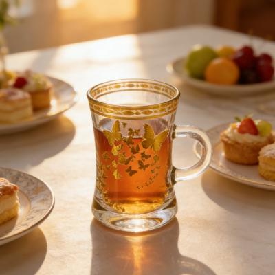 China Six Decorative Glass Cups set featuring food grade glass and gold rim perfect for serving espresso coffee fine teas and social events for sale