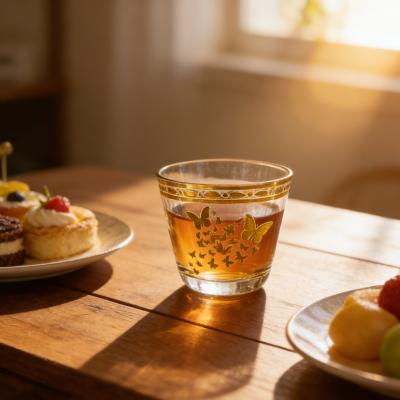 China Decorative Glass Cups Featuring Golden Butterfly Decal and Gold Rim 6 Piece Set with Smooth Transparent Glass Body for Daily for sale