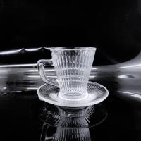 China crystal Glass Cup Sets with vertical ridged design and matching saucers offering resistance to temperature fluctuations and long lasting beauty for sale