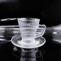 China crystal Glass Cup Sets with vertical ridged design and matching saucers offering resistance to temperature fluctuations and long lasting beauty for sale