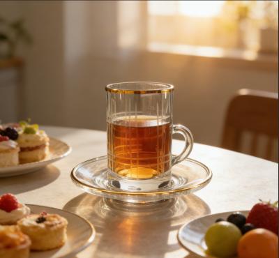 China 12 PCS Glass Cup Sets Included 6 Decorative Glass Cups and 6 Saucers  For Drinking Tea Water Coffee for sale