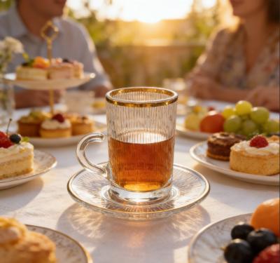 China Premium 12-Piece Rain Lines Design Set: Includes 6 clear glass cups and 6 matching saucers, perfect for family use, afternoon tea parties, or gatherings for sale