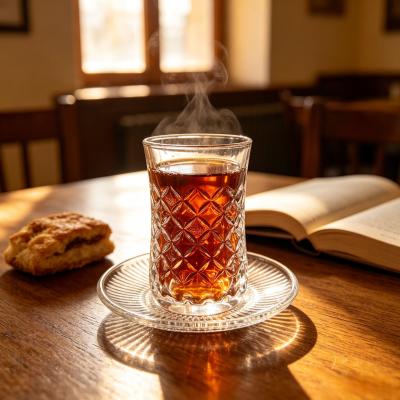 China Durable Glass Drinking Sets 6pcs Turkish Cups 6pcs Saucers Luxury Designed for Restaurants Hotels and Cafes for sale