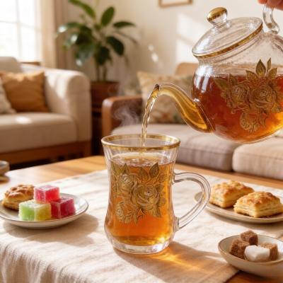 China 83ml Glass Tea Cup 6pcs Turkish Cups Decal with Pearl Design Perfect for Daily and Tea Tasting Sessions for sale
