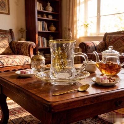 China Decal With Pearl Pattern Clear Glass Tea Cup Set 6pcs Turkish Cups 6pcs Saucers Elegant Design Suitable for Various Tea Types for sale