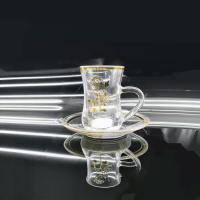 China Top Mouth Diameter 54MM Clear Glass Tea Cup Set 6pcs Turkish Cups 6pcs Saucers Featuring Artistic Decal And Pearl Decoration Ideal For Tea Presentation for sale