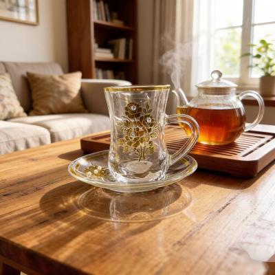 China Elegant Transparent Tea Drinking Cup Set 6pcs Turkish Cups 6pcs Saucers 83ML Capacity for sale