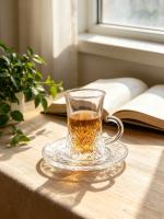 China Glass Tea Cups 6pcs Turkish Cups 6pcs Saucers Machine Pressed Clear Glass Suitable for Tea Shops Cafes and Office for sale