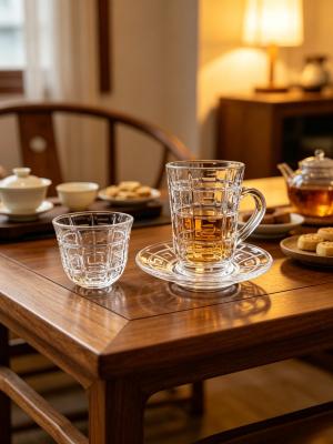 China Grid Pattern Lead-Free Glass Tea Serving Set 6pcs Turkish Cups 6pcs Saucers 6pcs Cawa Cups Ideal for Comfortable and Relaxing Tea Moments for sale