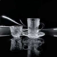 China Eco-Friendly Chevron Pattern Glass Tea Cup Set 6pcs Turkish Cups 6pcs Saucers 6pcs Cawa Cups for sale