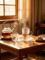 China Sustainable Chevron Textured Glass Tea Serving Set 12pcs Turkish Cups 12pcs Saucers 12pcs Cawa Cups for sale
