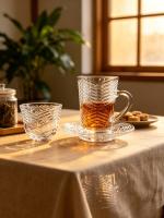 China Sustainable Chevron Textured Glass Tea Serving Set 12pcs Turkish Cups 12pcs Saucers 12pcs Cawa Cups for sale