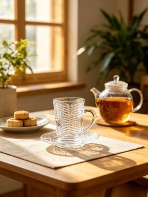 China Chevron Pattern Lead-Free Glass Tea Cup & Saucer Set 6pcs Turkish Cups 6pcs Saucers 100ml Capacity for sale