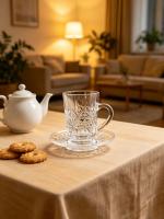 China Star Diamond Cut Recyclable Glass Cup & Saucer Set 6 Matching Tea Mugs with Saucers for sale