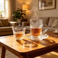 China Star Cut Recyclable Glass Tea Set – 6 Mugs, 6 Saucers, 6 Cawa Cups for sale