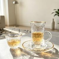 China High Quality Middle Eastern Style Gold Rim Clear Glass Coffee Cup & Saucer Sets, Premium Transparent Glass Cups for Home & Gifts for sale