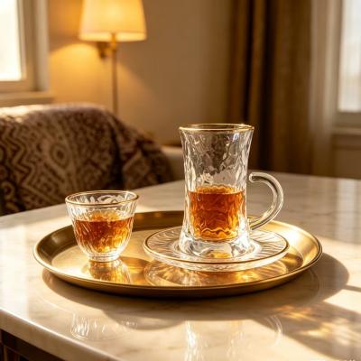 China Elegant 18 PCS Glass Tea Cup Sets Traditional Arabic Coffee Cup and Saucer with Gold Trim for Ramadan & Gifting for sale