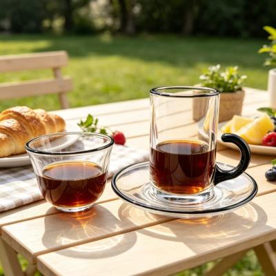 China 18PCS Premium Glass Coffee Cups Saucer Hand-painted Black Rim and Handle for Aesthetics-loving Home Baristas and Outdoor Tea Enthusiasts for sale