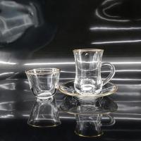 China 36PCS Embossed Gold Rim Glass Tea Cup Set Handle Glass Coffee Cup Cawa Cup with Saucer Factory Wholesale Arabic Tea Glassware for sale