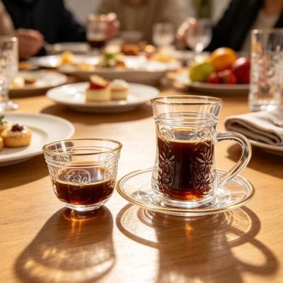 China 36PCS Embossed Gold Rim Glass Tea Cup Set Handle Glass Coffee Cup Cawa Cup with Saucer Factory Wholesale Arabic Tea Glassware for sale