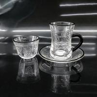China Premium 36PCS Embossed Black Rims Glass Tea Cup Set Hand-painted Black Handle Glass Coffee Cup Cawa Cup with Saucer for sale