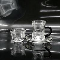 China Premium 36PCS Embossed Black Rims Glass Tea Cup Set Hand-painted Black Handle Glass Coffee Cup Cawa Cup with Saucer for sale