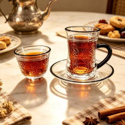 China Premium 36PCS Embossed Black Rims Glass Tea Cup Set Hand-painted Black Handle Glass Coffee Cup Cawa Cup with Saucer for sale