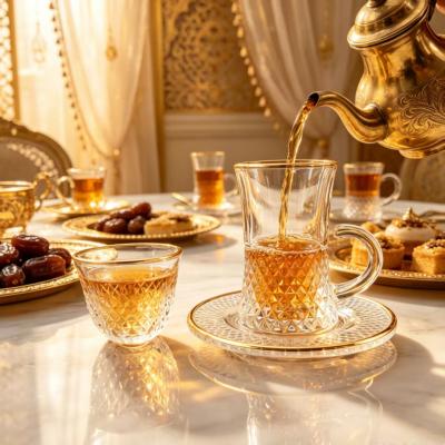 China Elegant Gold Rim Embossed Glass Tea Cup with Saucer Arabic Turkish Style Glass Tea Cup Premium Quality Luxury Glassware for Tea & Coffee for sale