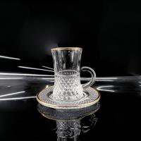 China Elegant Gold Rim Embossed Glass Tea Cup with Saucer Arabic Turkish Style Glass Tea Cup Premium Quality Luxury Glassware for Tea & Coffee for sale