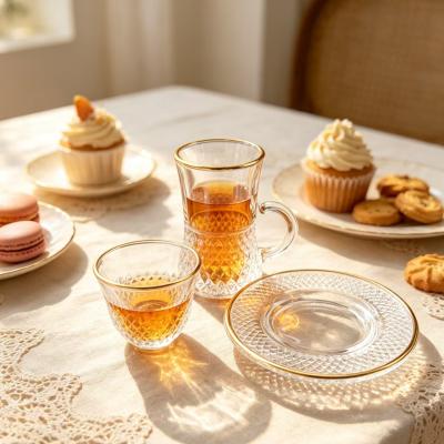 China Factory Wholesale Customizable Gold Rim Embossed Glass Tea Cup Set 18PCS Glass Tea Cup Cawa Cup with Saucer Premium Quality Glassware for sale