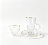 China Factory Wholesale Customizable Gold Rim Embossed Glass Tea Cup Set 18PCS Glass Tea Cup Cawa Cup with Saucer Premium Quality Glassware for sale