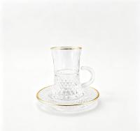 China Factory Wholesale Customizable Gold Rim Embossed Glass Tea Cup Set 18PCS Glass Tea Cup Cawa Cup with Saucer Premium Quality Glassware for sale