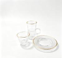China Factory Wholesale Customizable Gold Rim Embossed Glass Tea Cup Set 18PCS Glass Tea Cup Cawa Cup with Saucer Premium Quality Glassware for sale