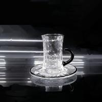 China Custom Logo Available Painted Black Rim Texture Glass Tea Cup Set Modern Style Glass Tea Cup Cawa Cup with Saucer Premium Quality Glassware for sale