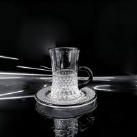 China Luxury Textured Clear Glass Tea Mug Coffee Cup Cawa Cup Saucer with Painted Rim&Handle for Afternoon Tea & Coffee for sale