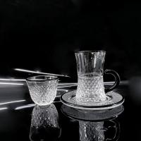 China Luxury Textured Clear Glass Tea Mug Coffee Cup Cawa Cup Saucer with Painted Rim&Handle for Afternoon Tea & Coffee for sale