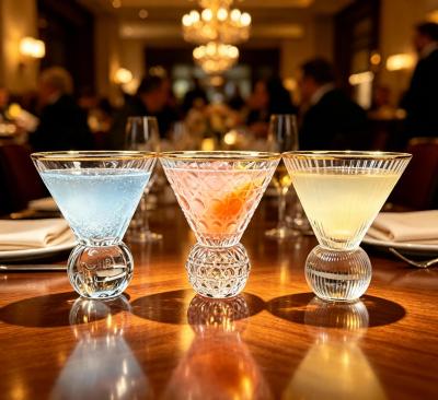China Premium Gold Rim Vintage Transparent Cocktail Goblets, 3‑Pattern Spherical Base Stemless Martini Glasses for Bar & Home Party for sale