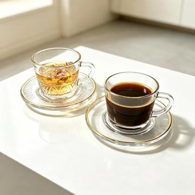 China 6PCS Gold Rim Transparent Glass Coffee Tea Cup Set Lead‑free Crystal Glass Cup With Saucer for Afternoon Tea & Home Café for sale