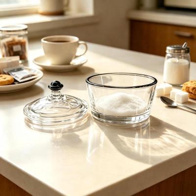 China Glass Sugar Bowl with Lid, Black Rim Transparent Glass Candy Jar, Multipurpose Glass Storage Container for Coffee Bar, Kitchen Counter for sale