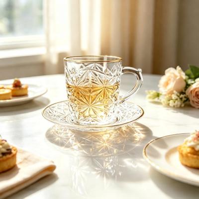 China 12PCS Gold Rim Glass Tea Cup And Saucer Set, Clear Vintage Glass Coffee Mug Elegant Glass Tea Mug for Afternoon Tea for sale