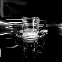 China Vintage High Quality Glass Coffee Mug with Saucer, Elegant Black Rim&Handle Glass Tea Cup Set for Breakfast and Other Hot or Cold Beverages for sale