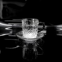 China Vintage High Quality Glass Coffee Mug with Saucer, Elegant Black Rim&Handle Glass Tea Cup Set for Breakfast and Other Hot or Cold Beverages for sale
